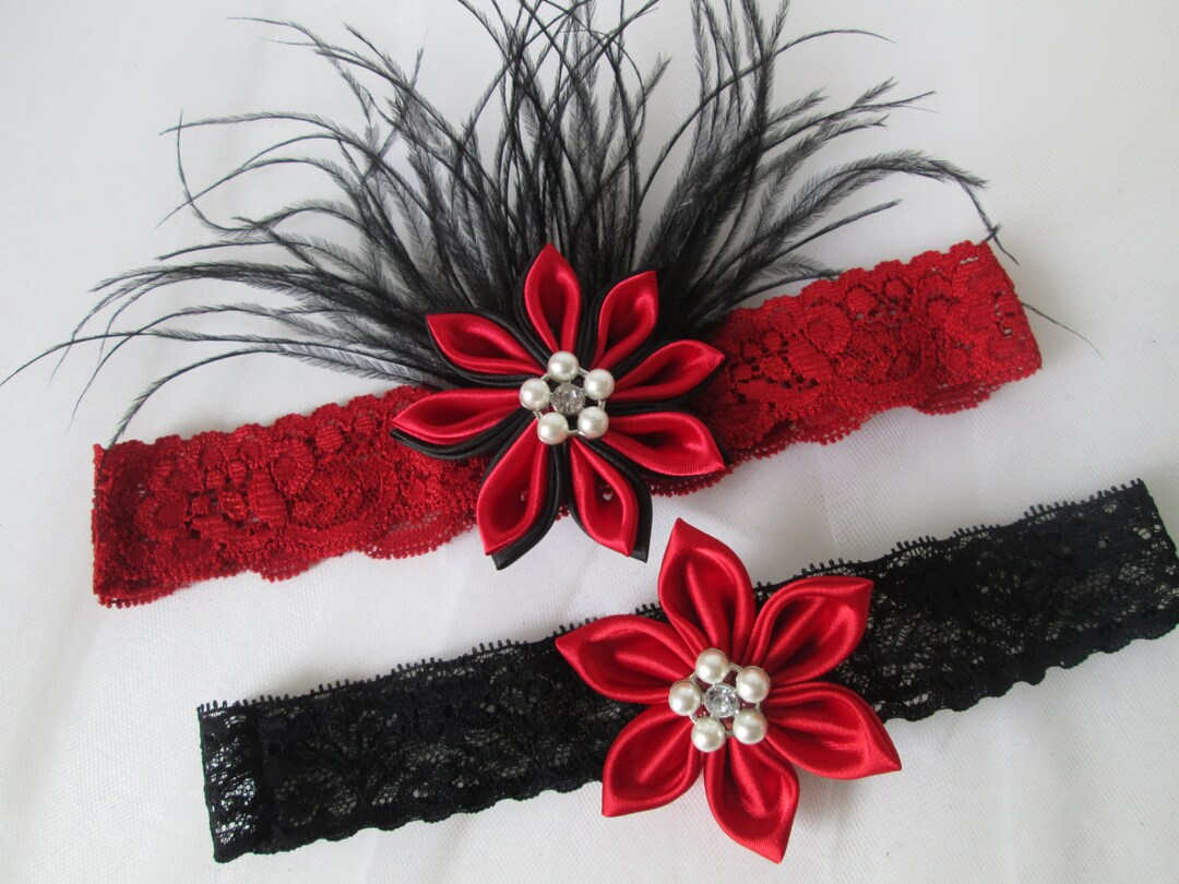 Black & Red Wedding Garter Set, Red Lace PROM Garters, Black Lace ...