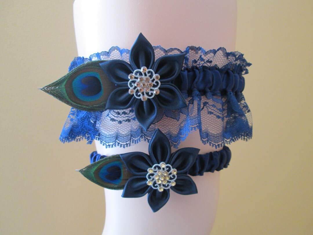 Navy Blue Wedding Garter Set, Peacock Garter, Navy Lace Garters ...