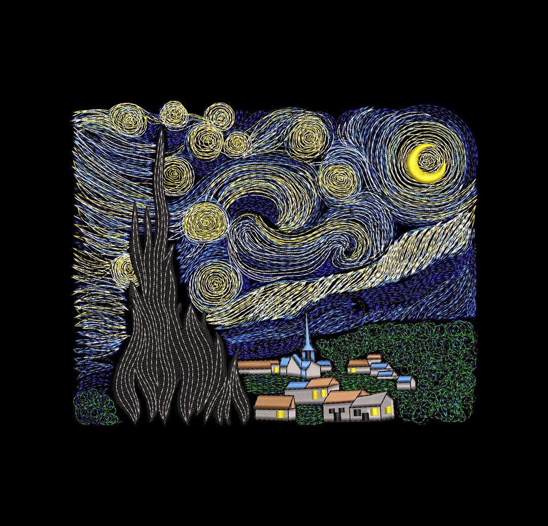 Starry Night Embroidery Design | Van Gogh Inspired Machine Embroidery ...