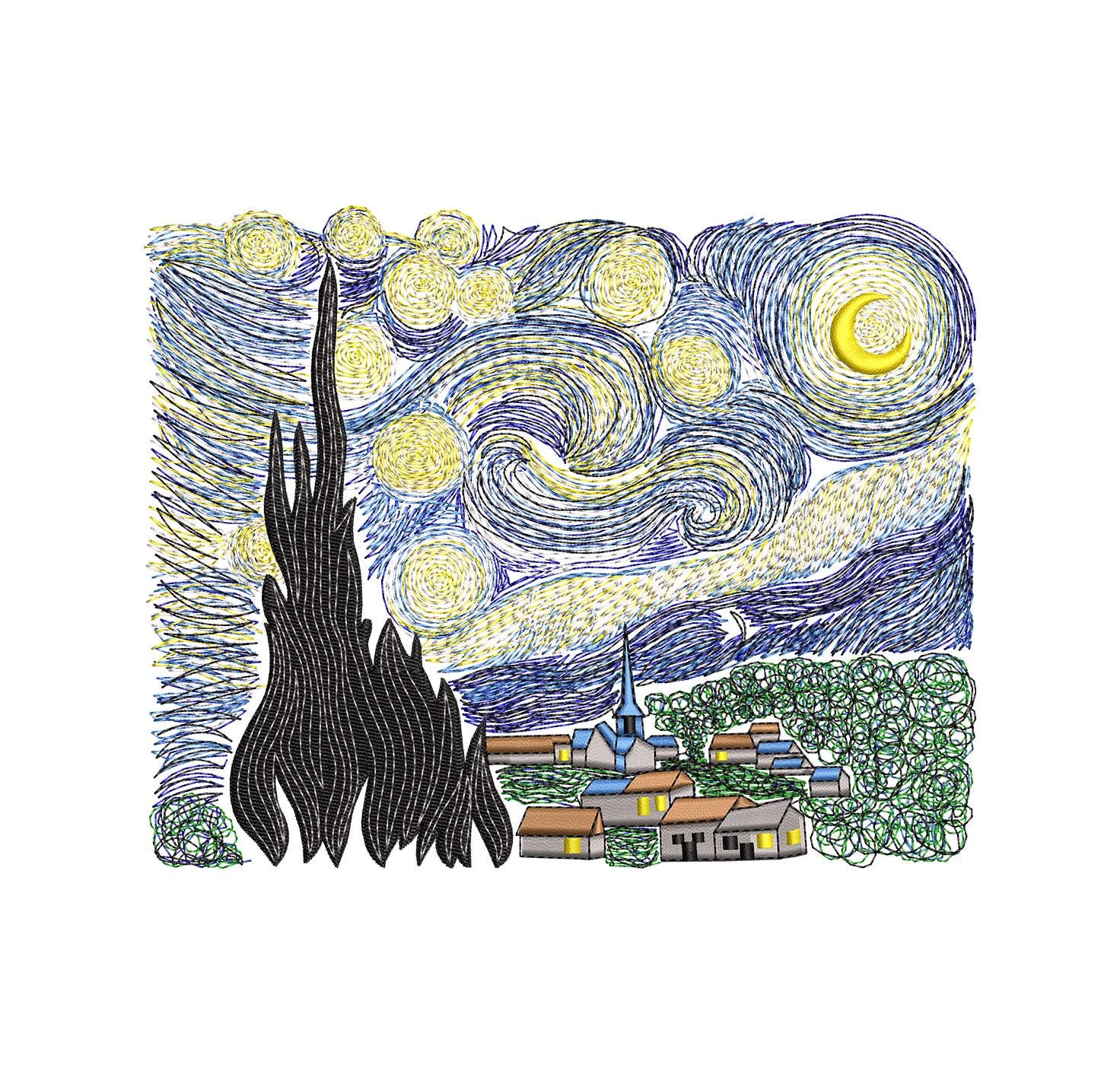 Starry Night Embroidery Design | Van Gogh Inspired Machine Embroidery ...