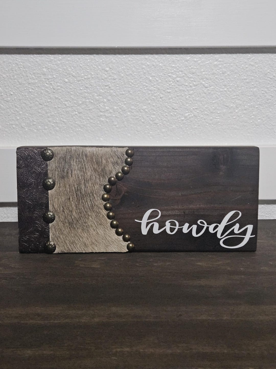 Rustic Stained Wood Cowhide & Leather Howdy Block Sign - Etsy