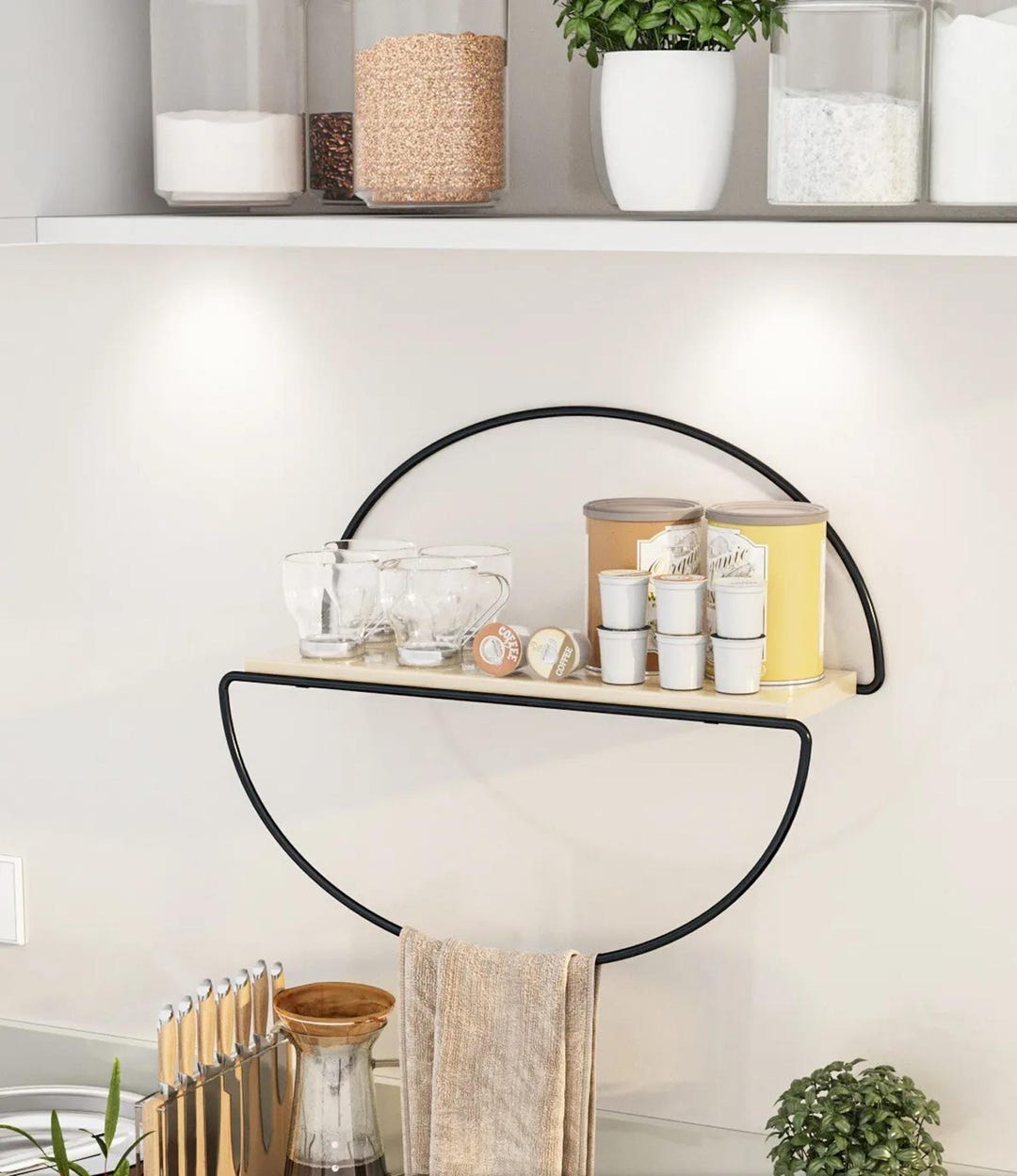 Modern Black Half Ellipse Wall Shelf With Gold Towel Bar - 16" Bathroom ...