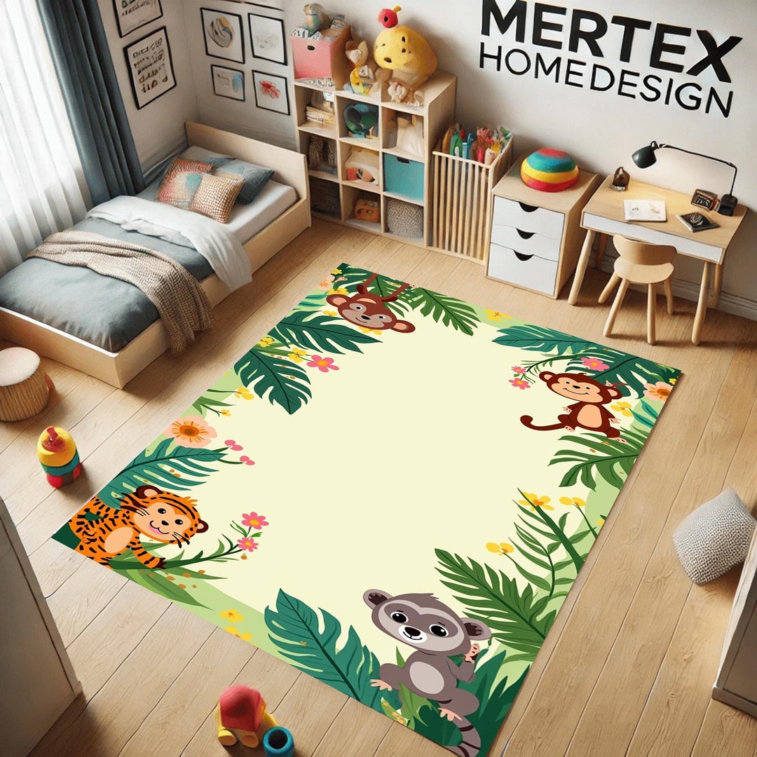 Jungle Safari Kids Rug, Cute Animal Print Play Mat, Tiger Monkey Sloth ...