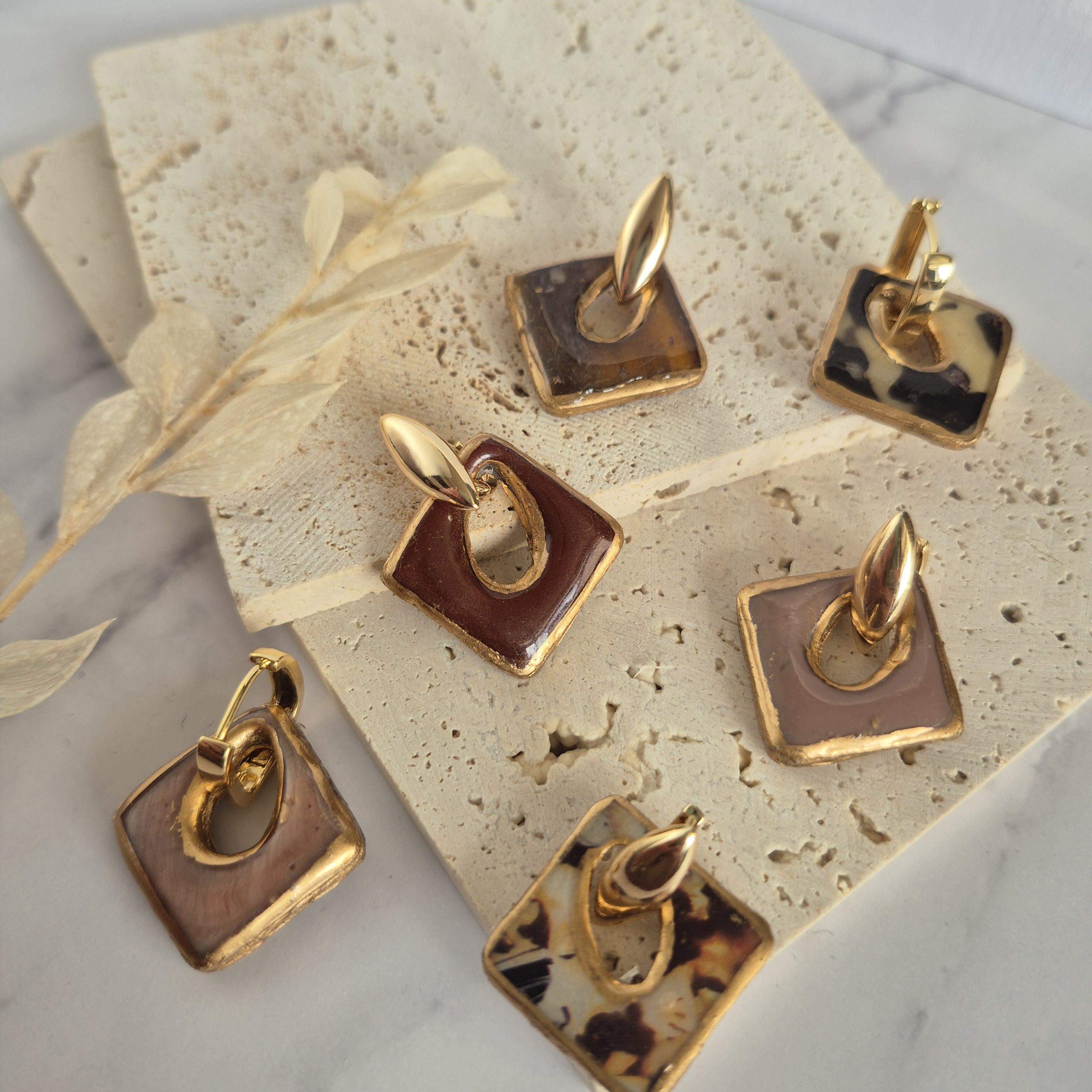 Handcrafted Reversible Polymer Clay Earrings – Tortoiseshell & Gold ...