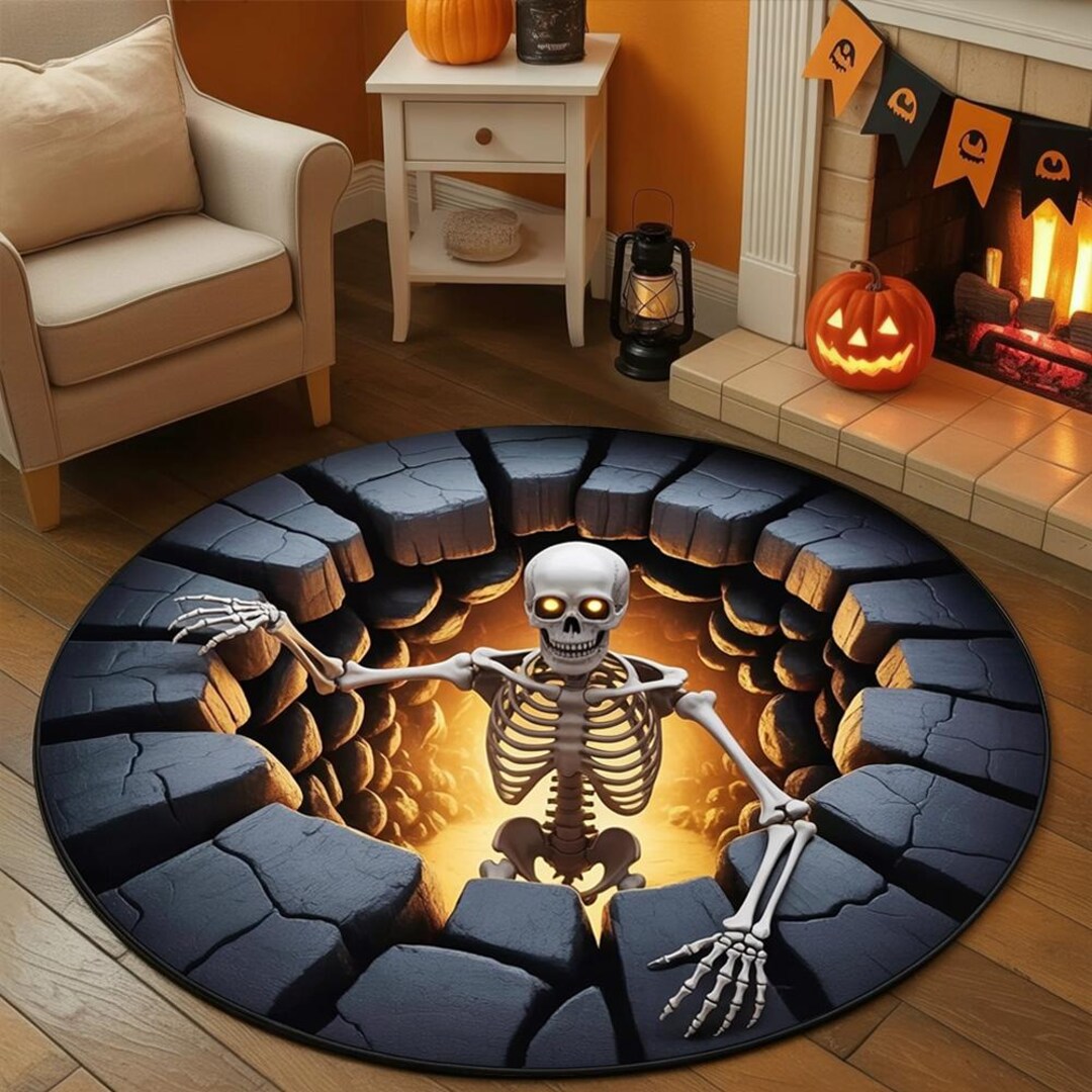 Printed Faux 3D Skeleton Round Rug, Halloween Scary Skeleton Carpet ...