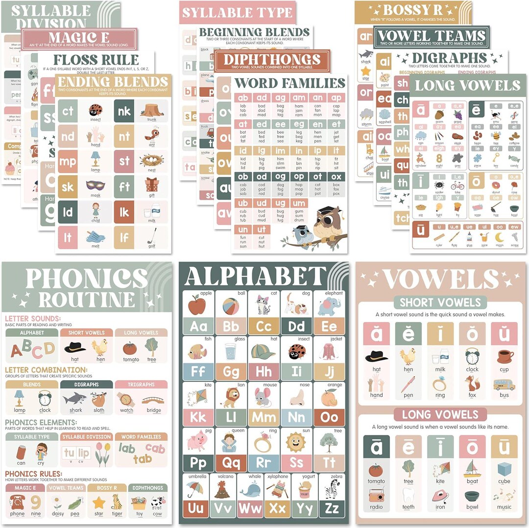 15pcs Boho Phonics Posters for Kids – Word Families, Short Vowel Sounds ...
