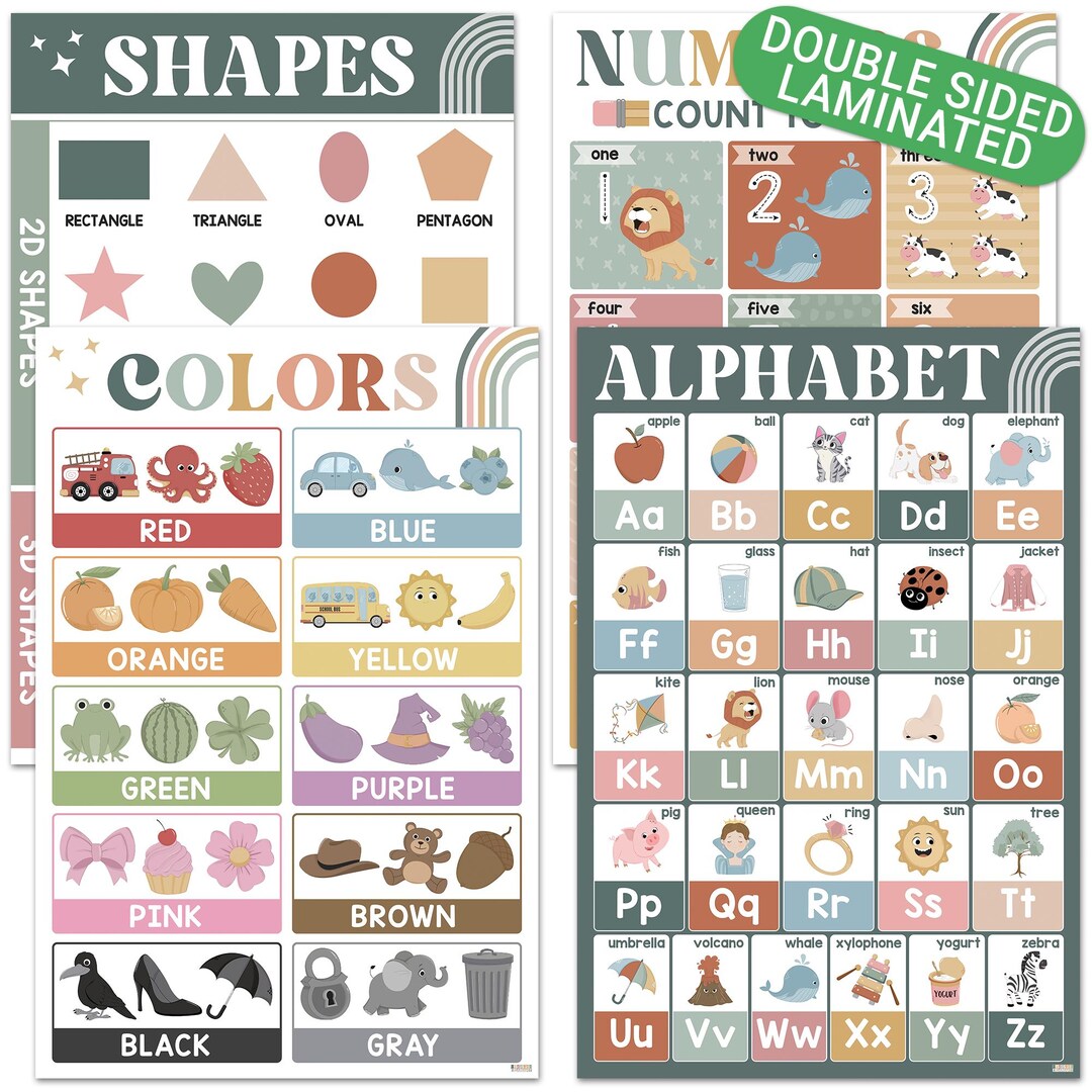 Alphabet, Numbers, Shapes, Colors Posters (16x24")– 4pcs Boho ...