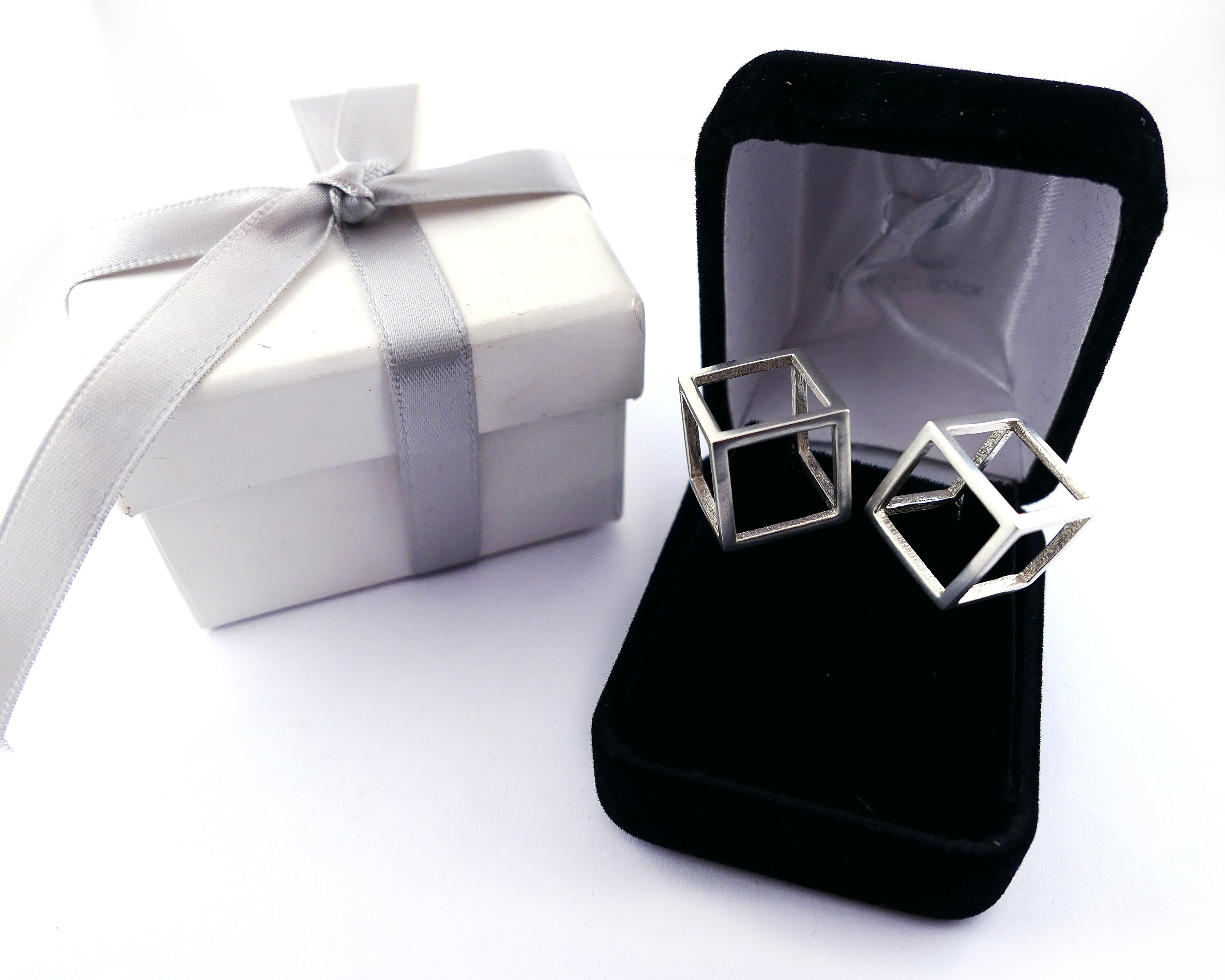 Sterling Silver Cube Earrings Statement Stud Earrings 3D Sterling Silver Cube Earrings Statement Stud Earrings 3D