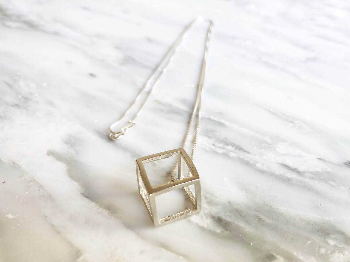 Sterling Silver Cube Necklace Cube Pendant 3D Designed - Etsy
