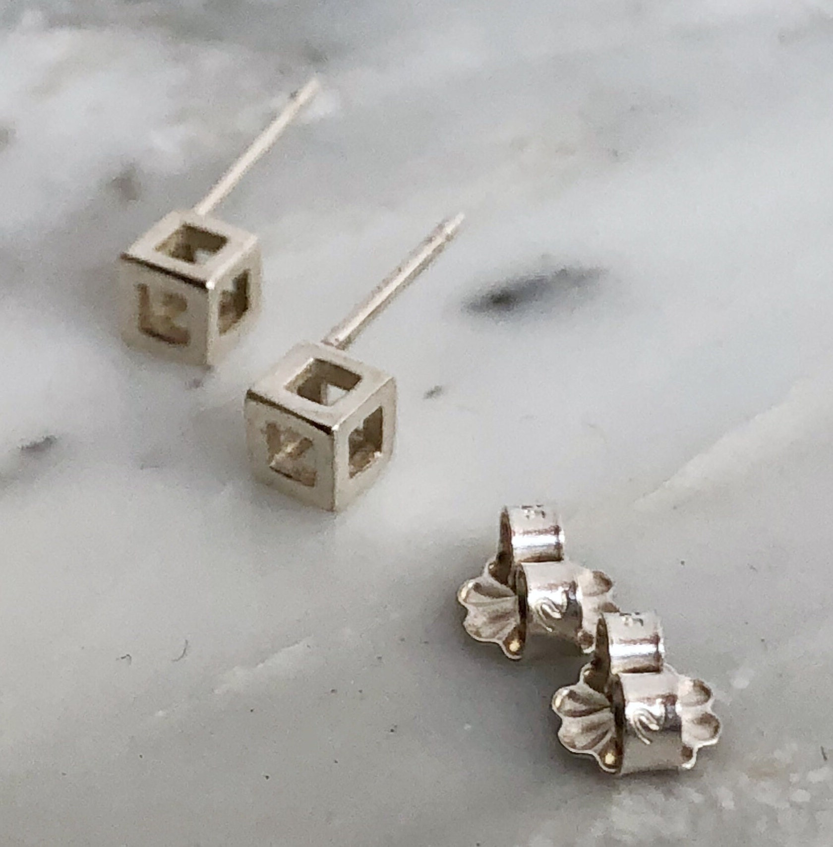 Tiny Sterling Silver Cube Earrings 3D Cube Stud Earrings Geometric ...