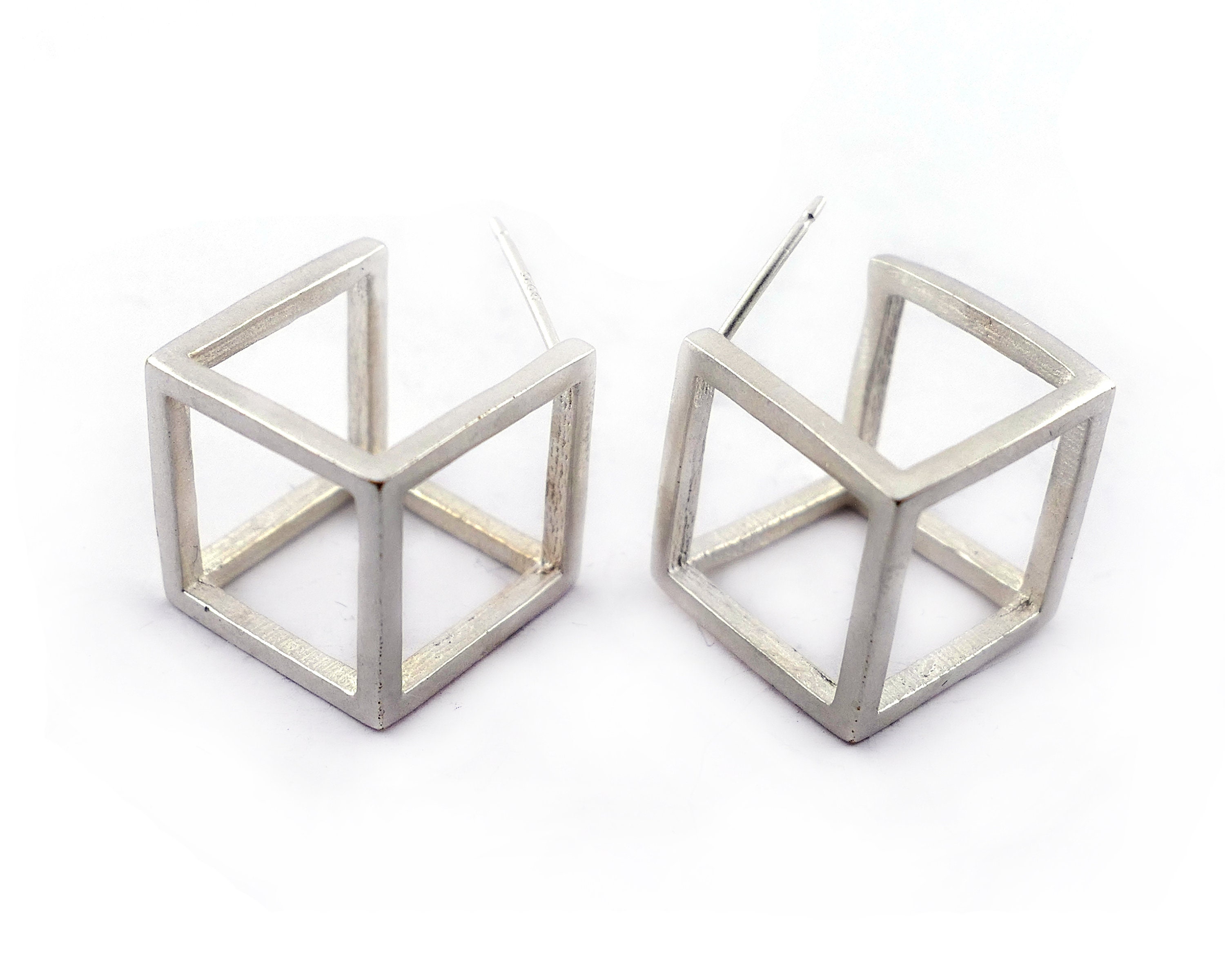 Sterling Silver Cube Earrings Statement Stud Earrings 3D Sterling Silver Cube Earrings Statement Stud Earrings 3D