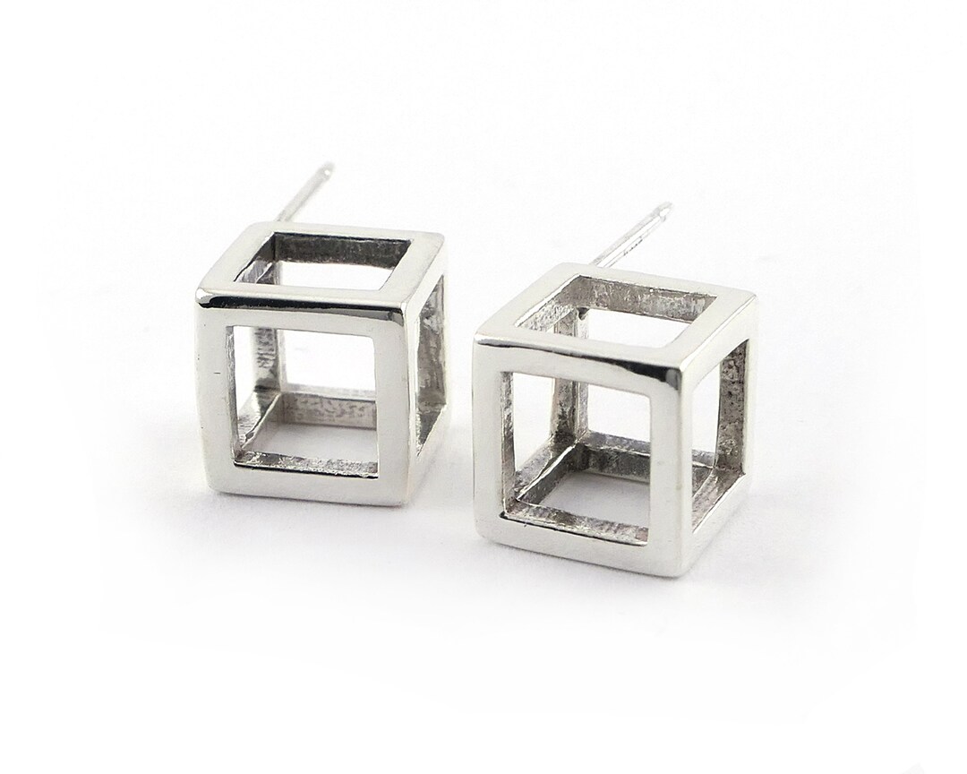 Sterling Silver Cube Earrings, Minimal Stud Earrings, 3D Stud Earrings ...