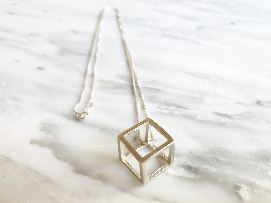 Sterling Silver Cube Necklace Cube Pendant 3D Designed - Etsy