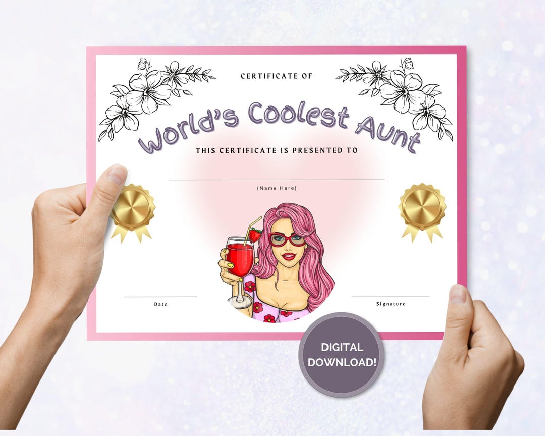 Cool Aunt Certificate, World's Best Aunt, Coolest Aunt Ever Award ...