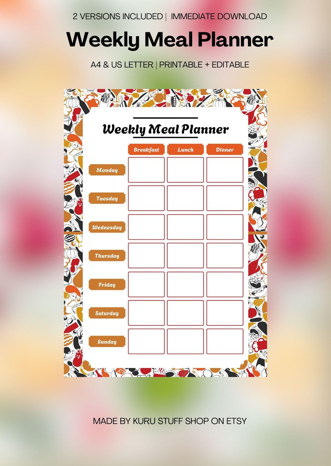 Weekly Meal Planner Printable Template, 7 Day Menu Plan, Food Planner ...
