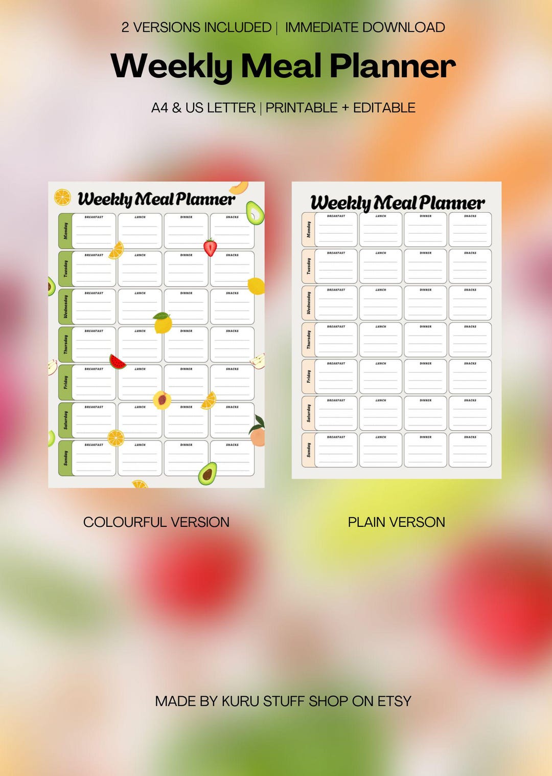 Weekly Meal Planner Printable Template, 7 Day Menu Plan, Food Planner ...