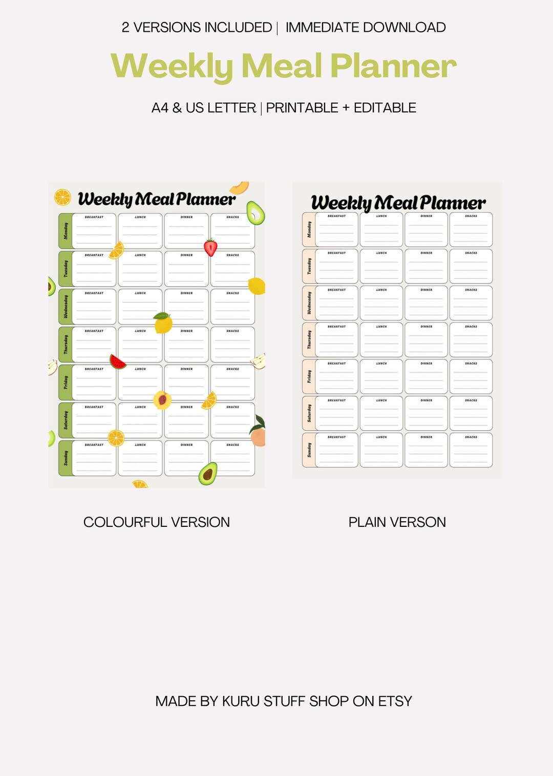 Editable Weekly Meal Planner 7-day Menu Planner for Health & Fitness A4 ...