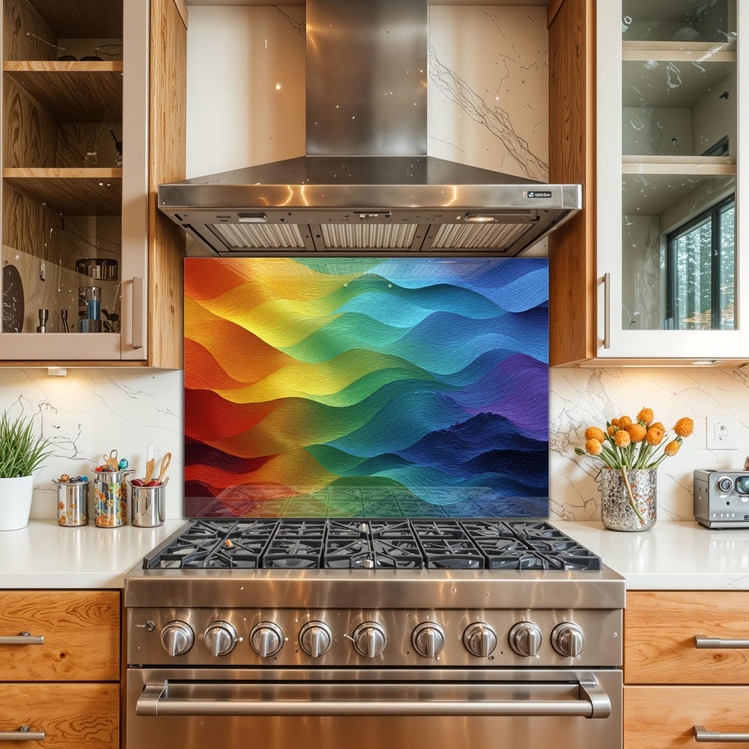 Textured Rainbow Wave Tempered Glass Kitchen Backsplash – Vibrant ...
