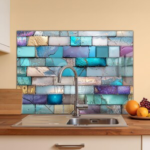Iridescent Mosaic Tempered Glass Backsplash: Aqua Lavender Metallic Art ...
