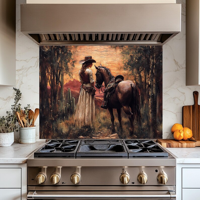 Western Glass Backsplash, Tempered Glass Backsplash for Kitchen, Cowgirl Kitchen Backsplash ...