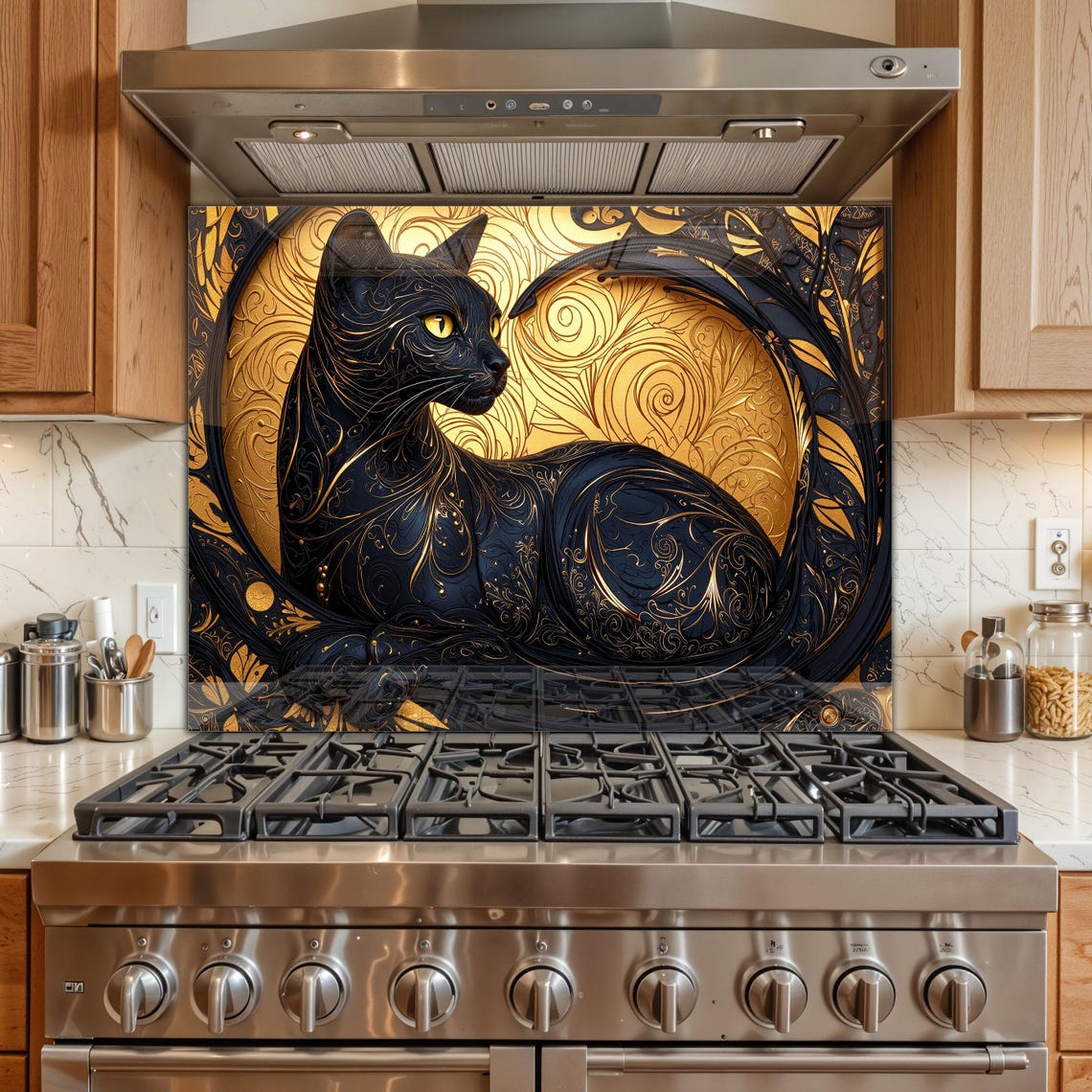 Black Cat Gold Swirl Tempered Glass Kitchen Backsplash - Etsy