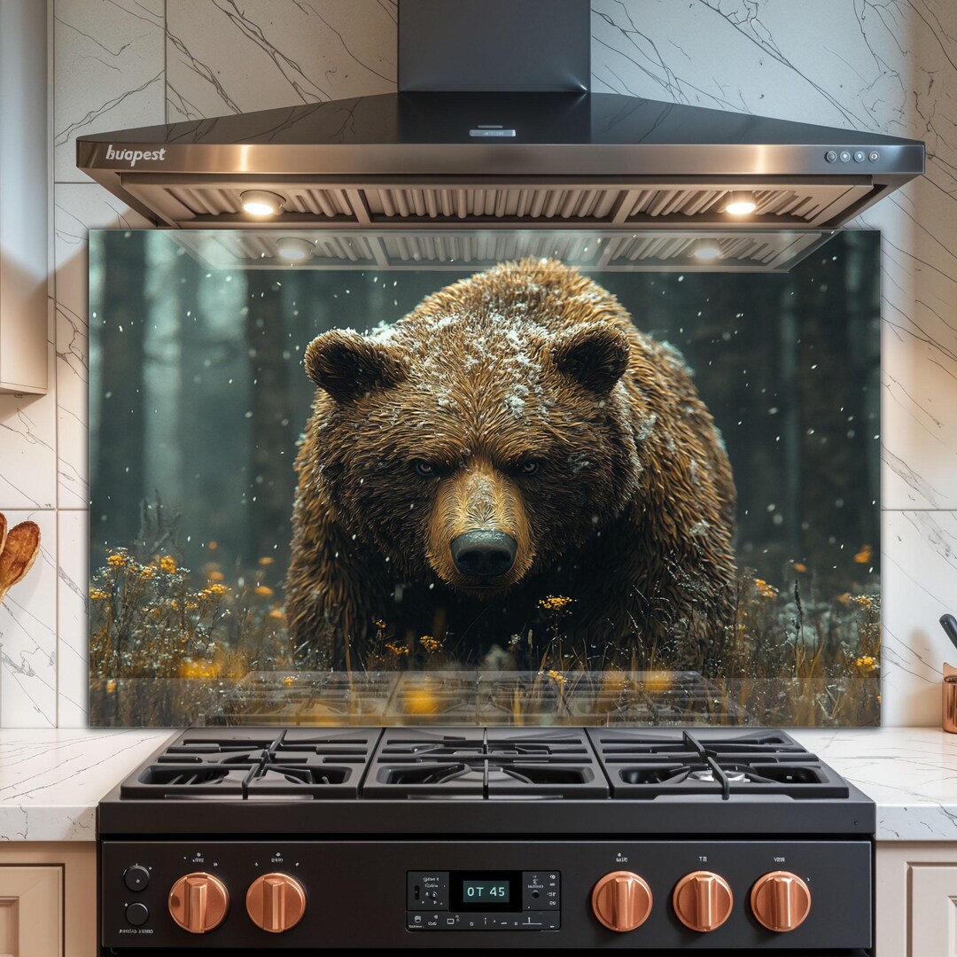 Grizzly Bear Tempered Glass Stove Backsplash: Winter Forest Kitchen ...