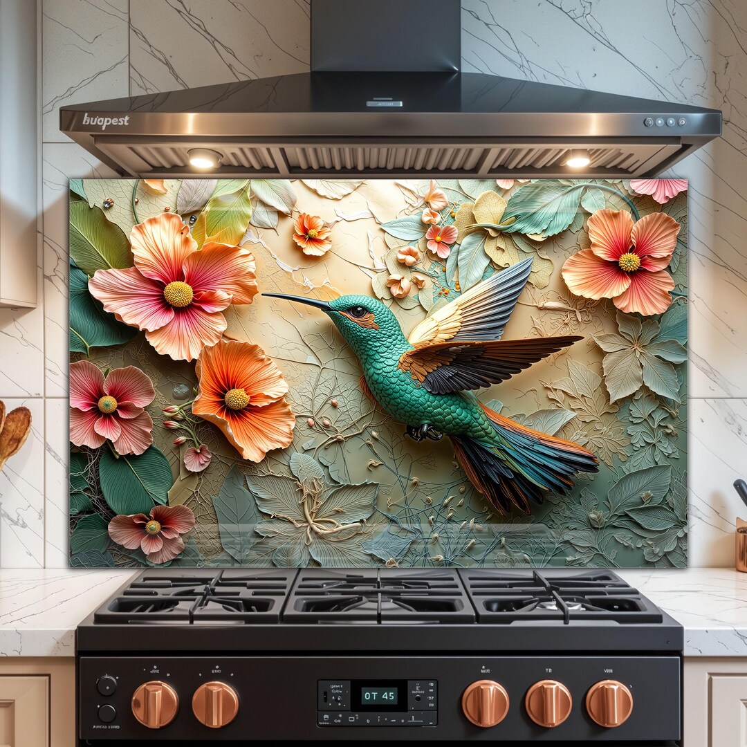 3D Hummingbird Hibiscus Tempered Glass Kitchen Backsplash - Etsy