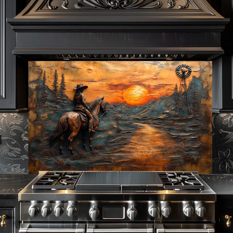 Cowgirl Glass Backsplash, Tempered Glass Backsplash for Kitchen, Western Kitchen Backsplash ...
