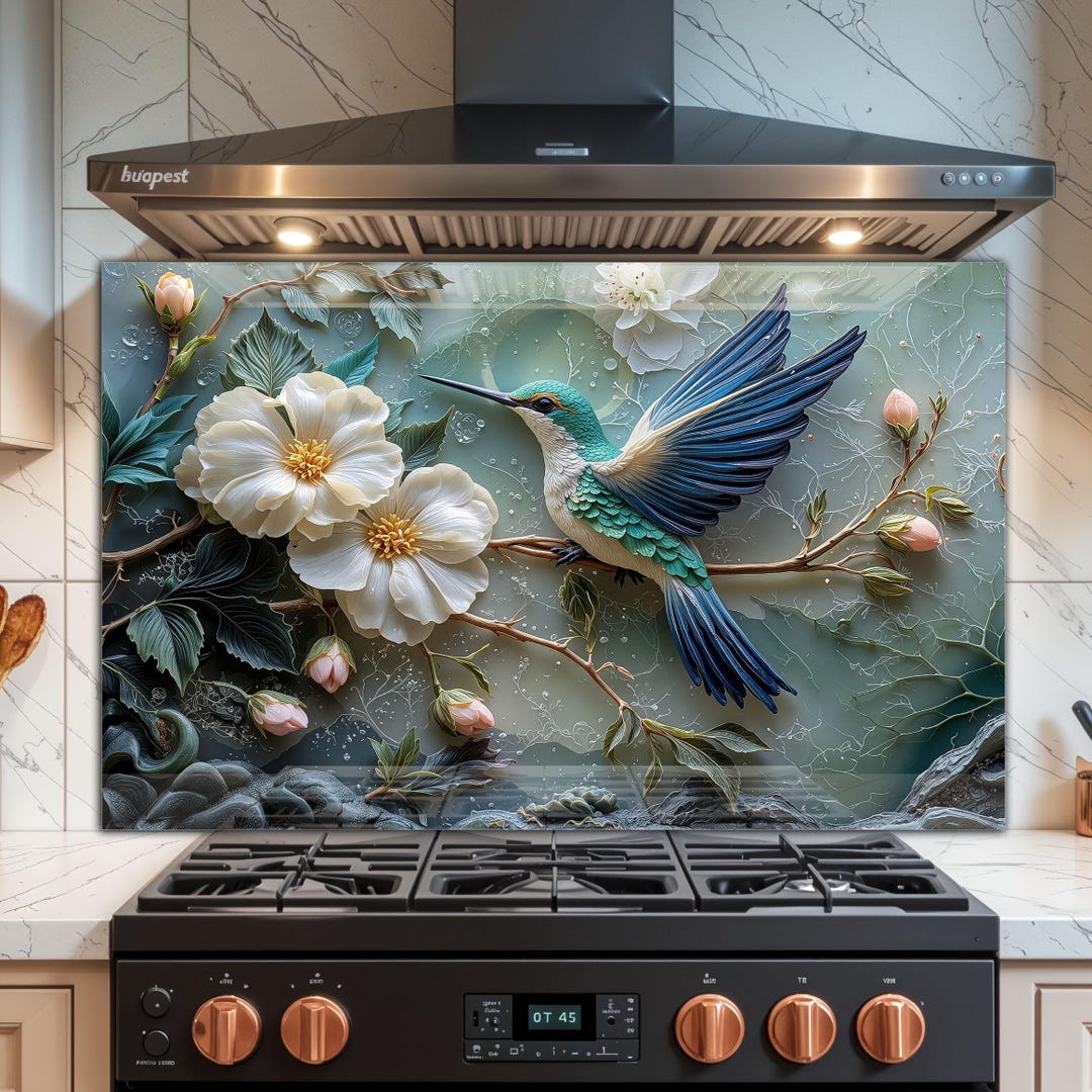 Hummingbird Tempered Glass Kitchen Backsplash: 3D Floral Art - Etsy