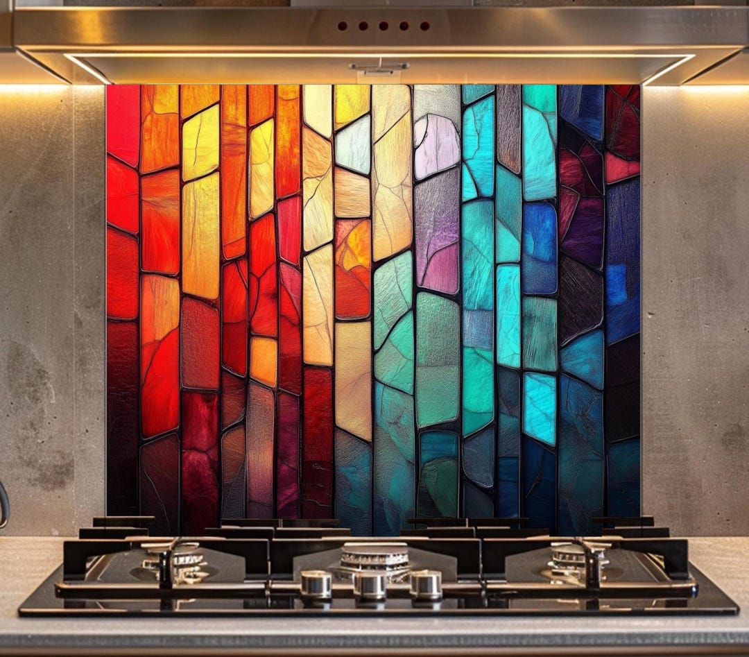 Rainbow Mosaic Stained Glass Backsplash, Tempered Glass Backsplash for ...