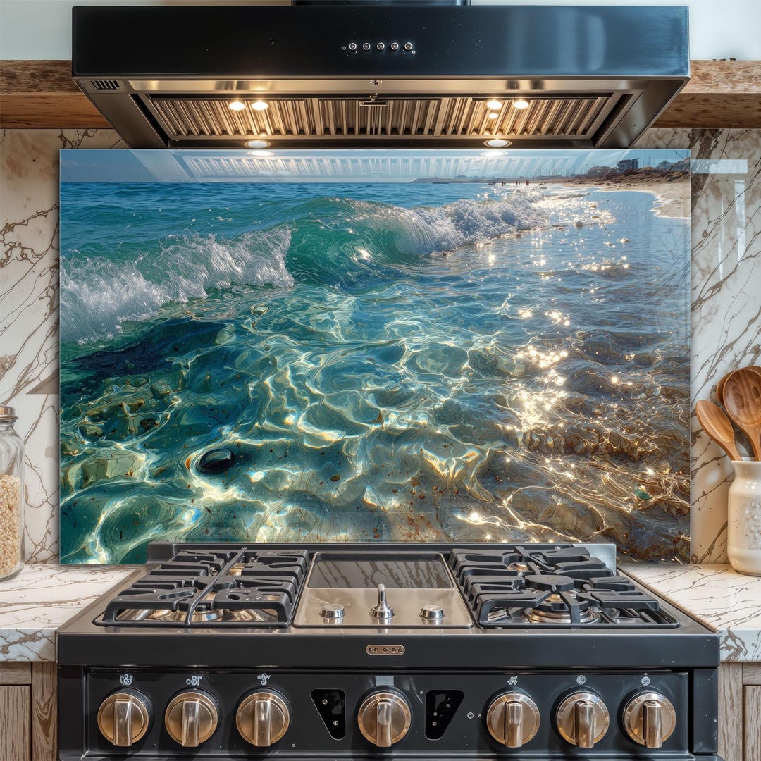 Ocean Wave Tempered Glass Kitchen Backsplash - Easy Clean, Heat ...
