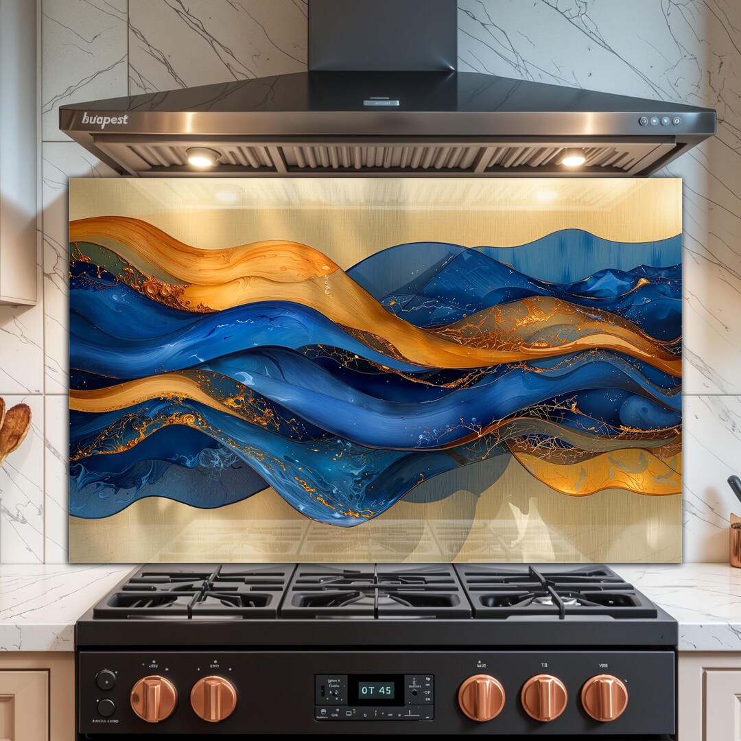 Abstract Ocean Wave Tempered Glass Kitchen Backsplash: Gold & Blue Art ...