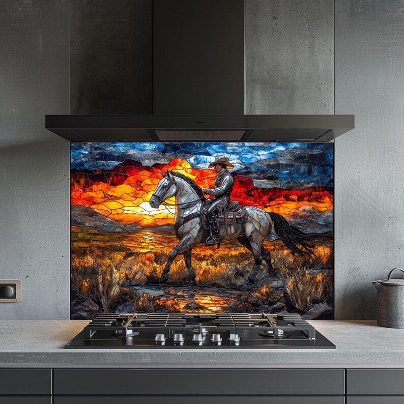 Cowboy Glass Backsplash, Tempered Glass Backsplash for Kitchen, Western Kitchen Backsplash ...