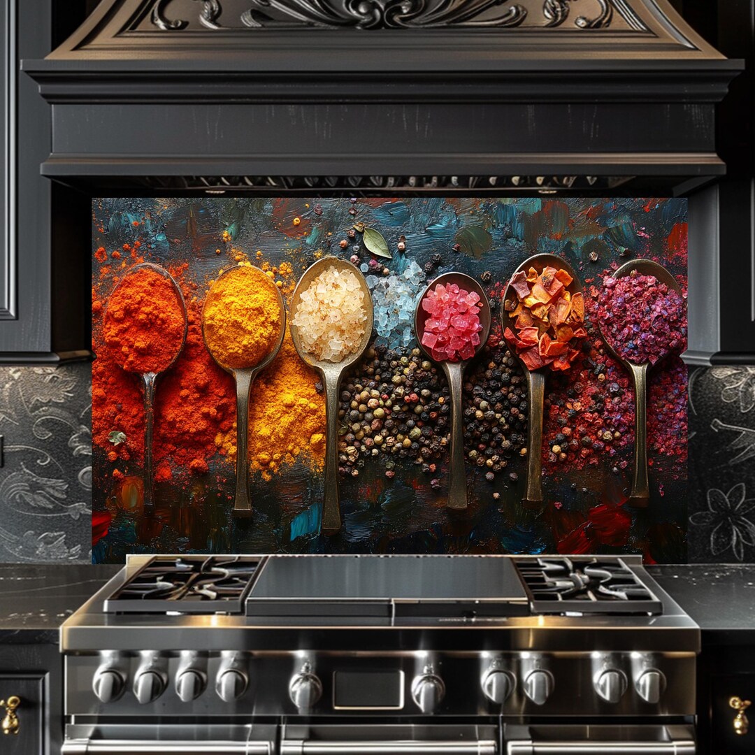 Spices Glass Backsplash, Tempered Glass Backsplash for Kitchen, Spoons ...