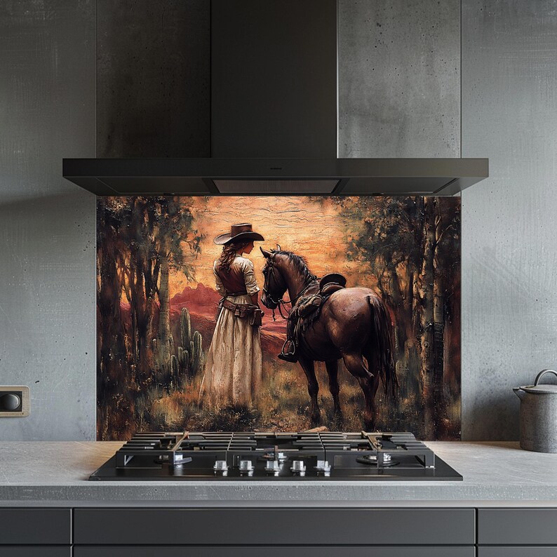 Western Glass Backsplash, Tempered Glass Backsplash for Kitchen, Cowgirl Kitchen Backsplash ...