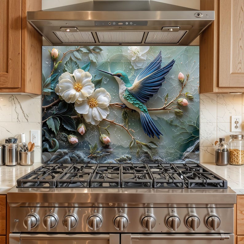 Hummingbird Tempered Glass Kitchen Backsplash: 3D Floral Art - Etsy