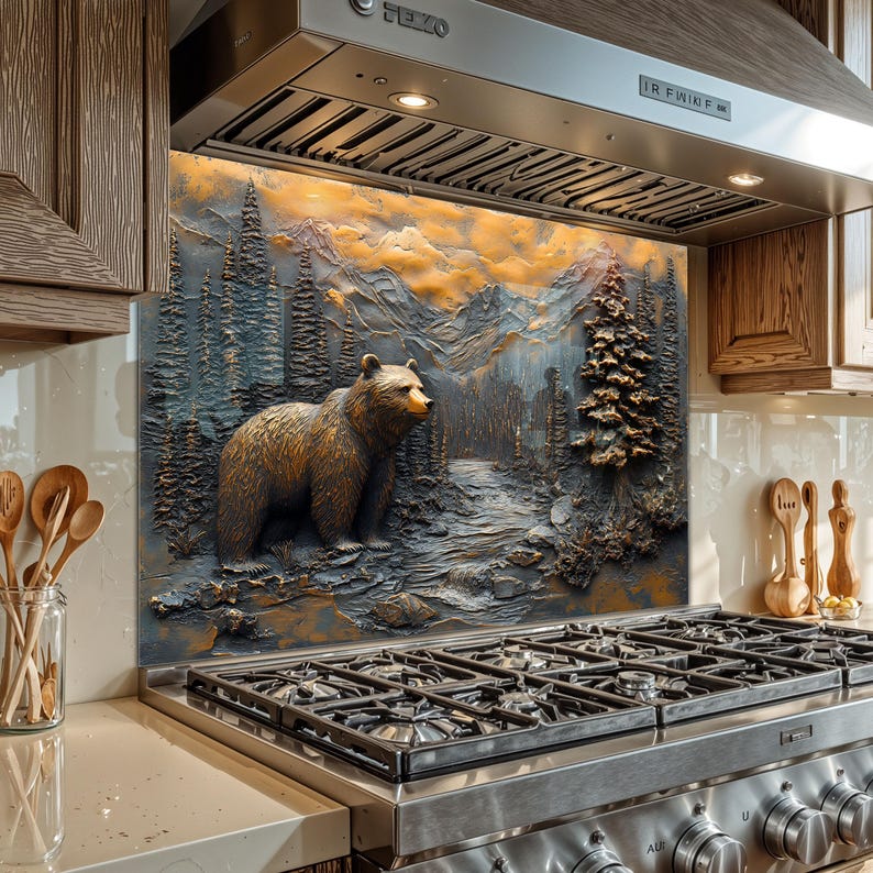 Bear Mountain Tempered Glass Kitchen Backsplash: Rustic Lodge Decor - Etsy