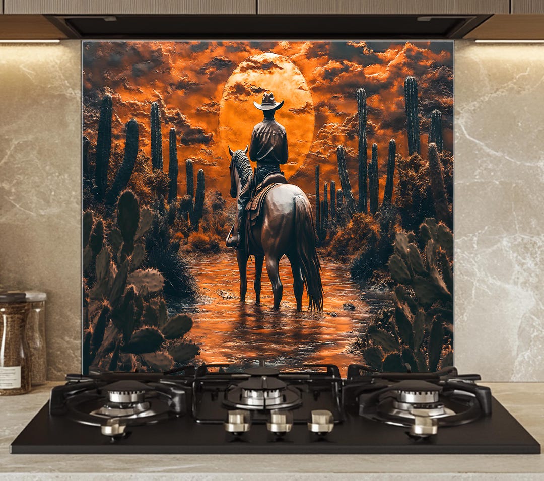 Western Glass Backsplash, Tempered Glass Backsplash for Kitchen, Cowboy Kitchen Backsplash ...