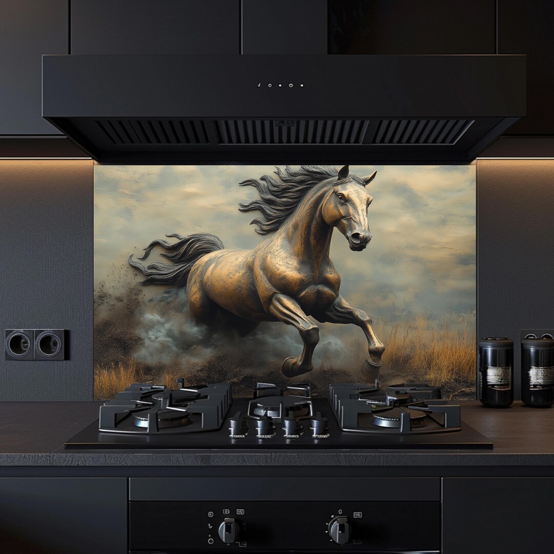 Horse Glass Backsplash, Tempered Glass Backsplash, Copper Look Kitchen ...