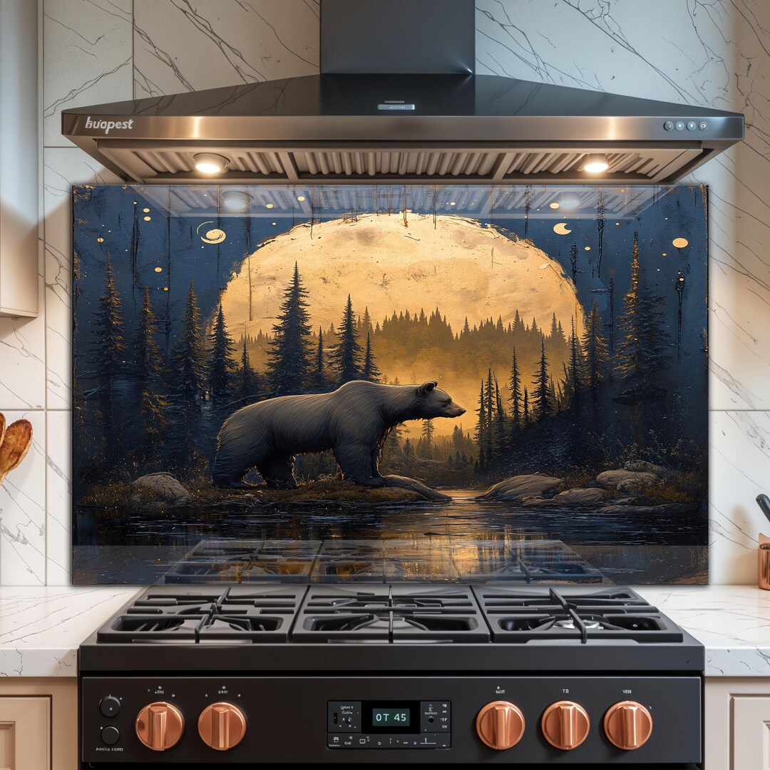 Rustic Bear Forest Tempered Glass Kitchen Backsplash: Woodland Scene - Etsy