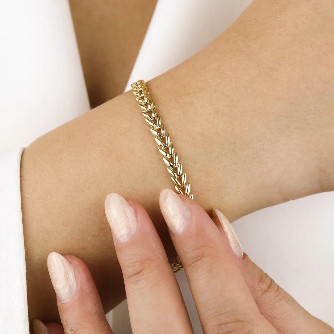 14k Solid Gold Wheat Chain Bracelet, Yellow Gold Chain Bracelet, Wheat ...