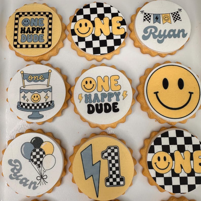 Personalised One Happy Dude Birthday Biscuits – Smiley Face ...