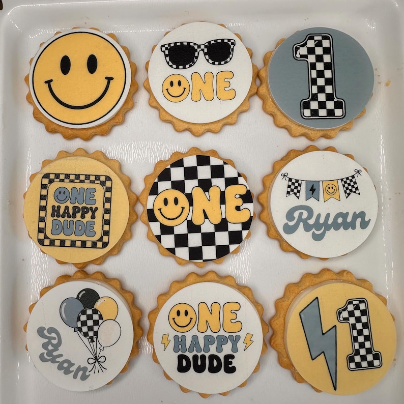 Personalised One Happy Dude Birthday Biscuits – Smiley Face ...