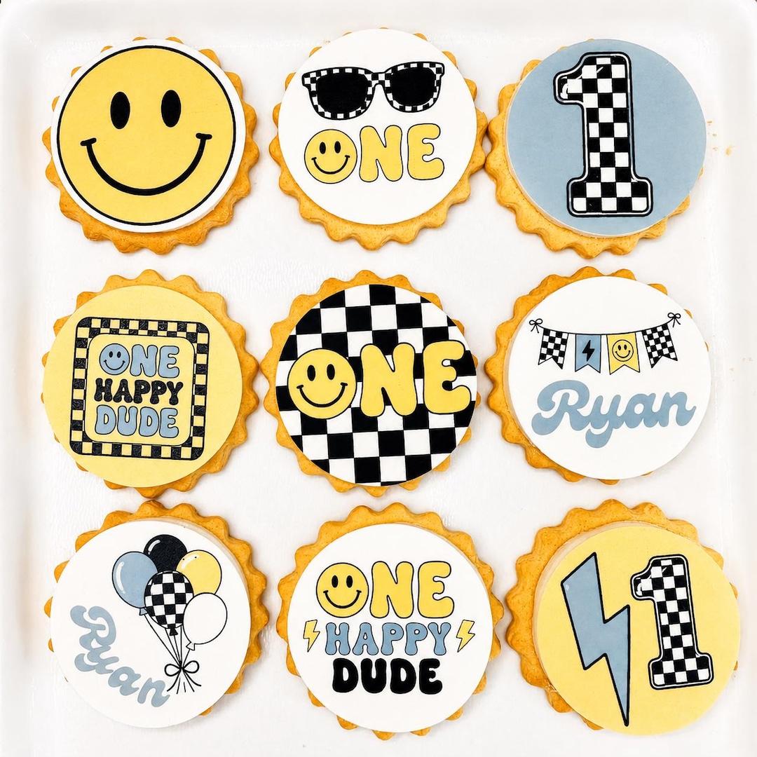 Personalised One Happy Dude Birthday Biscuits – Smiley Face ...