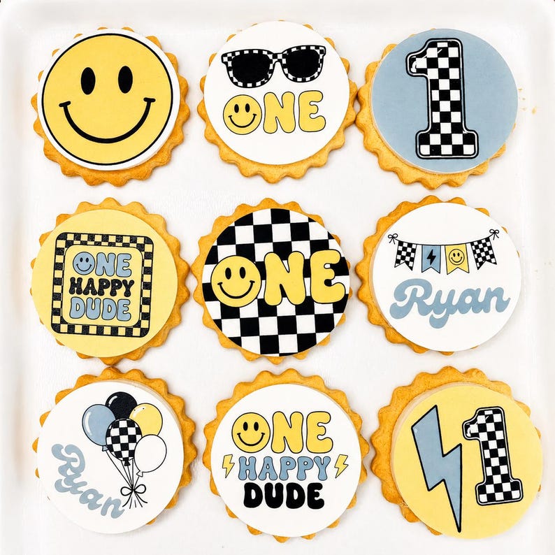 Personalised One Happy Dude Birthday Biscuits – Smiley Face ...