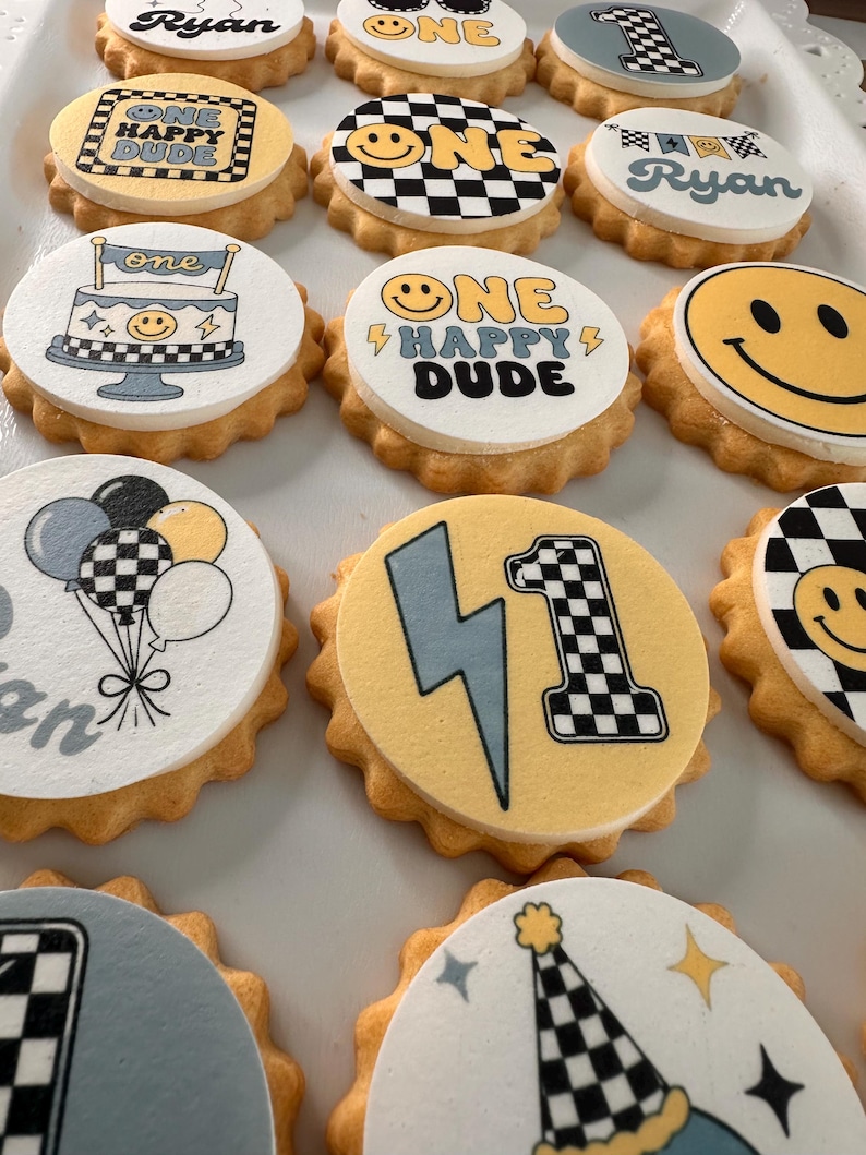 Personalised One Happy Dude Birthday Biscuits – Smiley Face ...