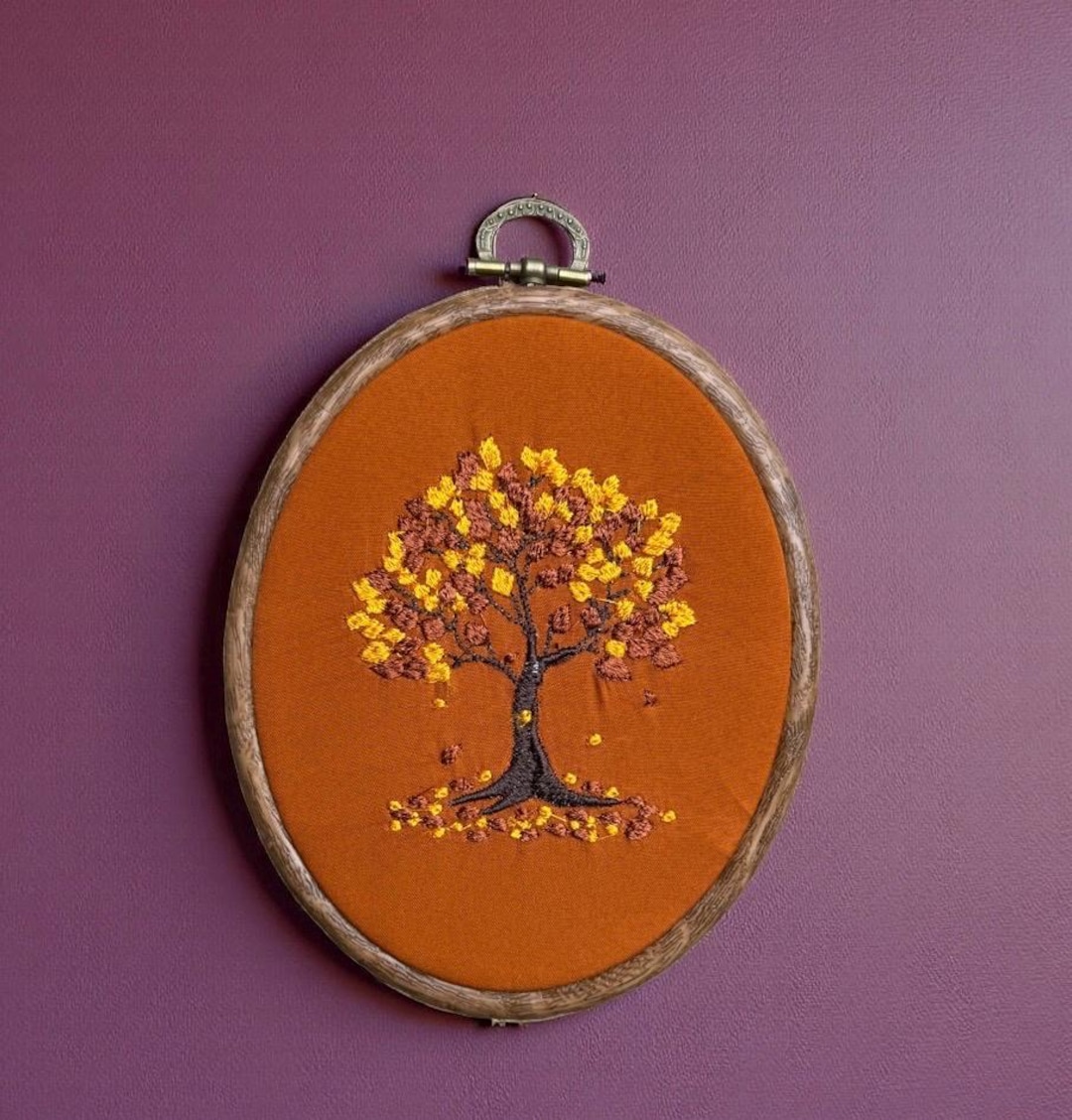 Embroidered Fall Tree Hoop | Burnt Orange Cotton, Autumn Leaves ...