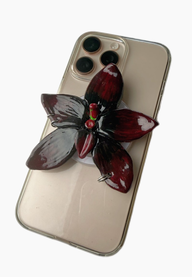 Burgundy Orchid Phone Grip | Magnetic Phone Stand | Polymer Clay Flower ...