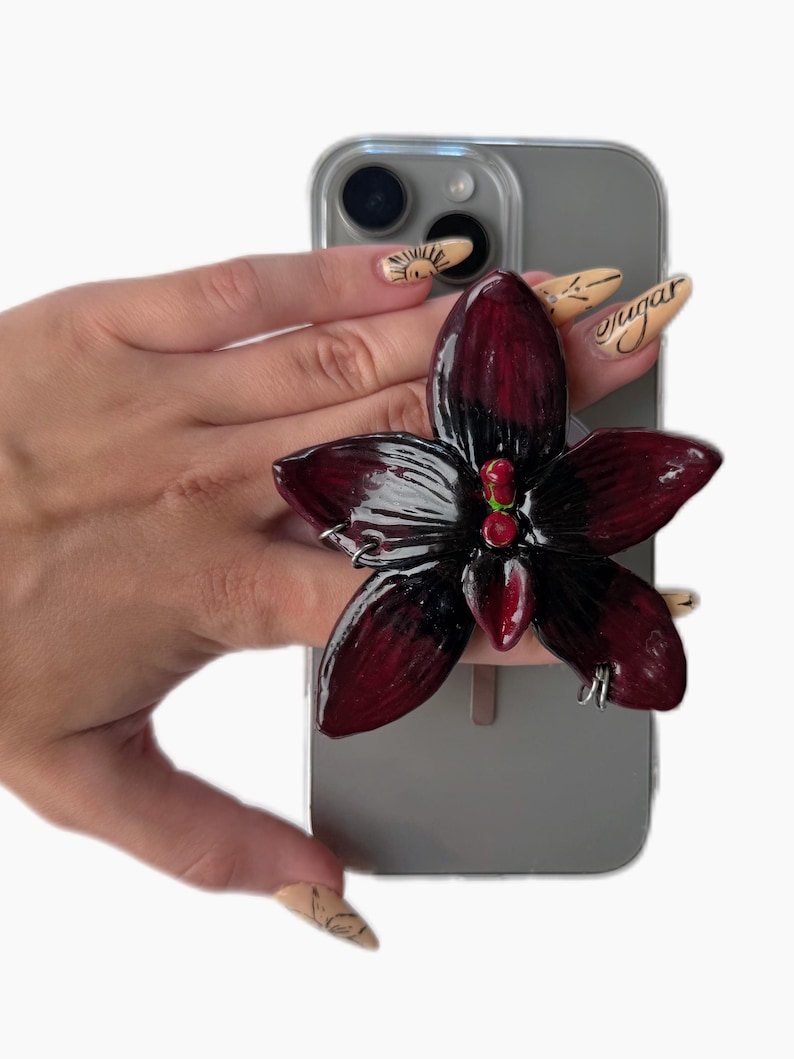 Burgundy Orchid Phone Grip | Magnetic Phone Stand | Polymer Clay Flower ...