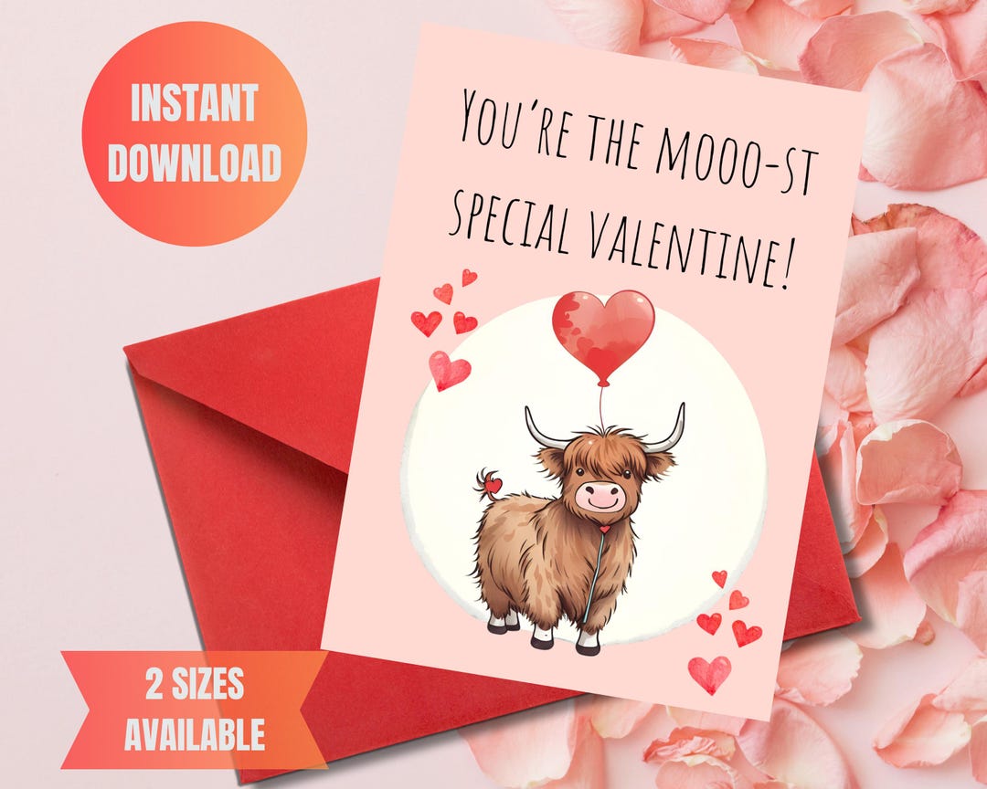 Highland Cow Valentine Card, Cute Highland Cow Printable Card, Highland ...